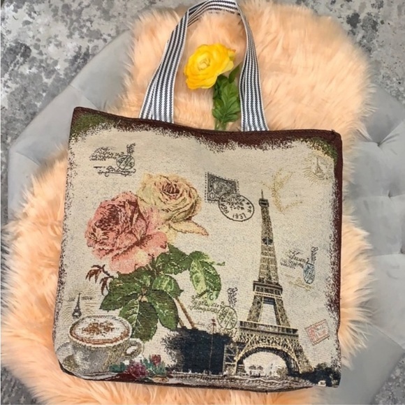 Bags | Eiffel Tower Paris Large Canvas Tote Shoulder Bag With Zipper ...